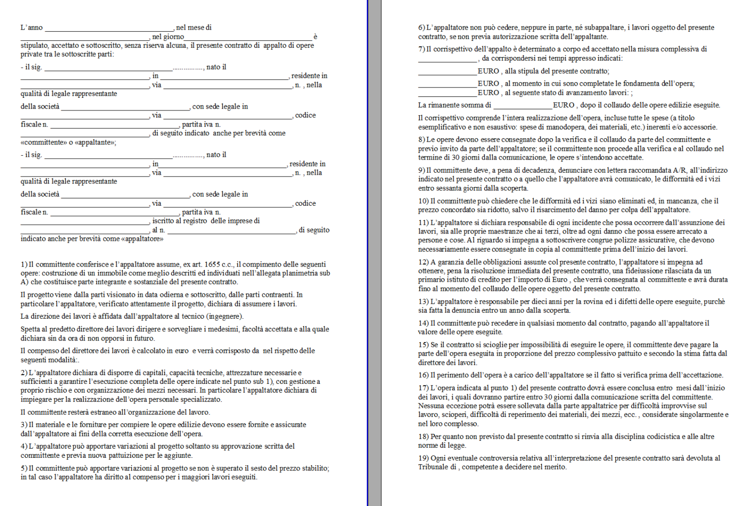 Contratto di Appalto per Lavori Edili Privati - Fac Simile Word e PDF e ...