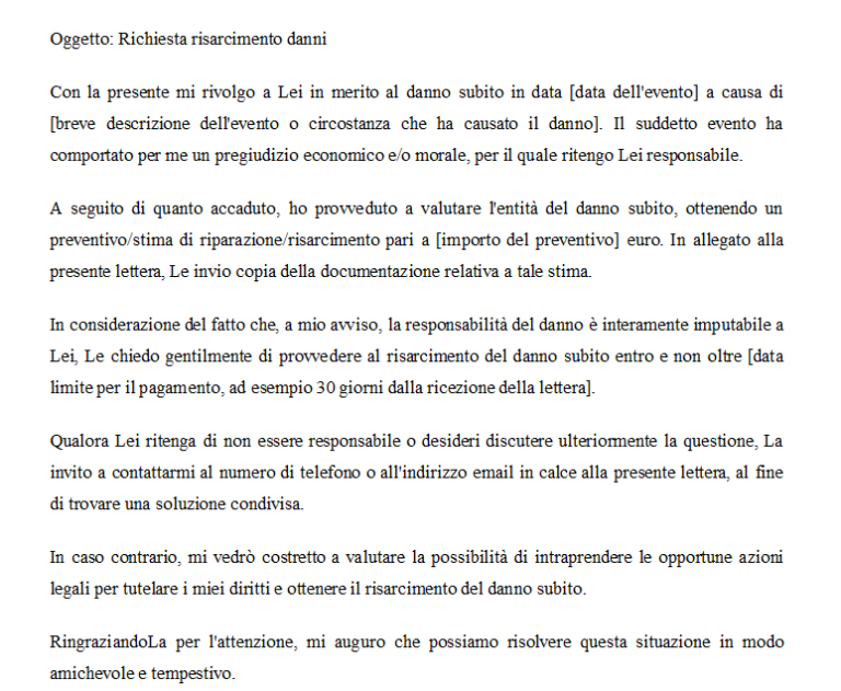Lettera di Richiesta Danni Generica - Fac Simile Word e PDF e Guida ...