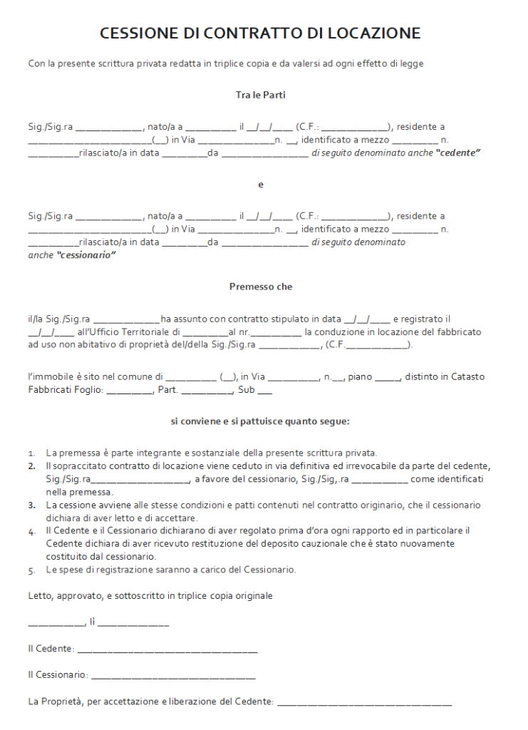 Subentro Contratto di Locazione Commerciale - Modello Word e PDF e Guida alla Compilazione