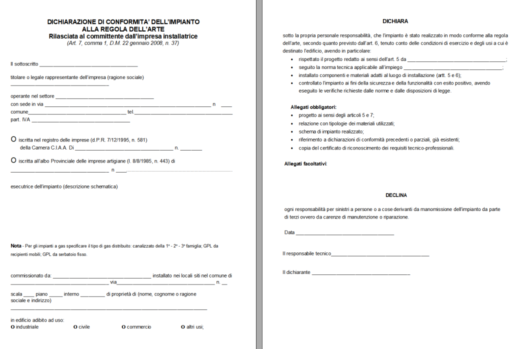 Dichiarazione di Conformità Impianto Gas - Modulo Word e PDF e Guida ...