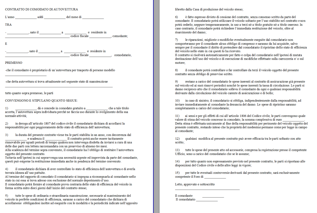 Comodato d'Uso Gratuito Auto - Fac Simile Word e PDF e Guida alla ...