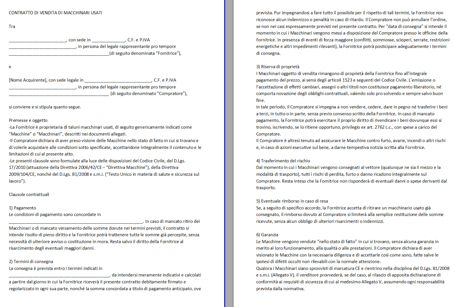 Contratto di Vendita Macchinari e Attrezzature Usati - Fac Simile Word ...